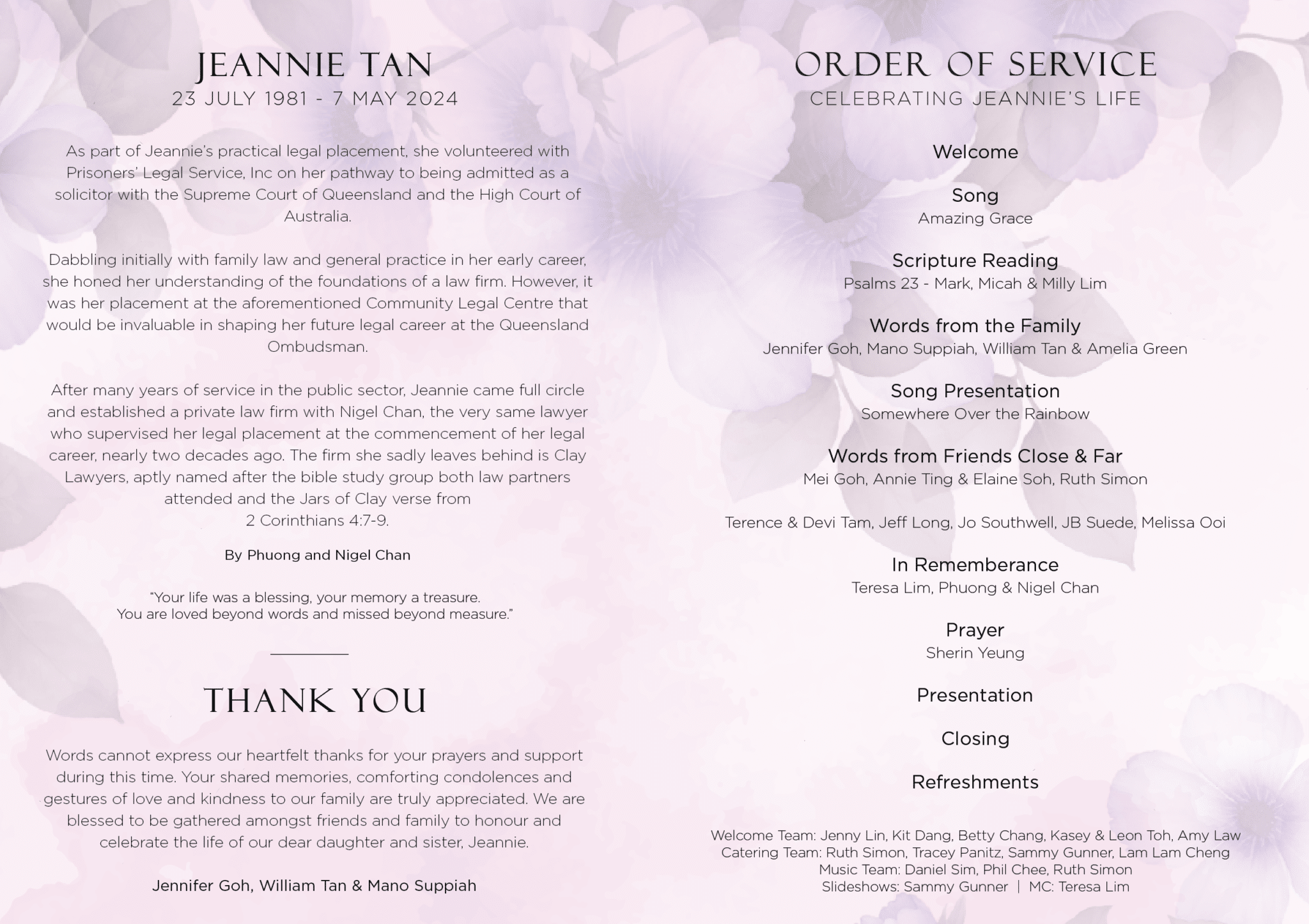 Program – Miss Jeannie Tan